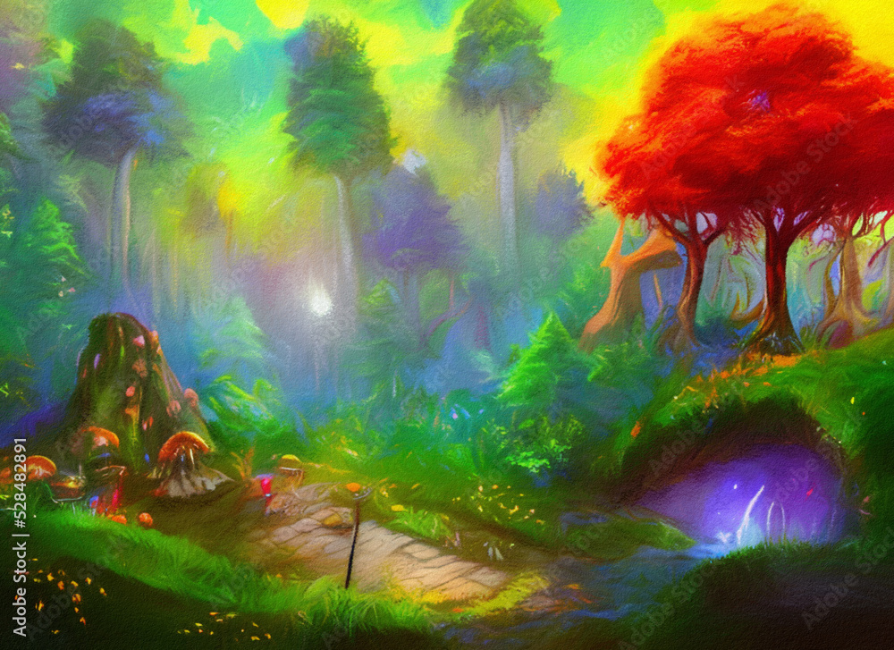 Watercolor and oil fantasy forest landscape, magic trees, mushrooms ...