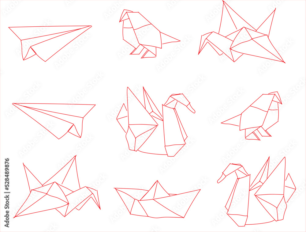 Origami Birds Sketch vector. Japanese art origami, hand drawing vector ...