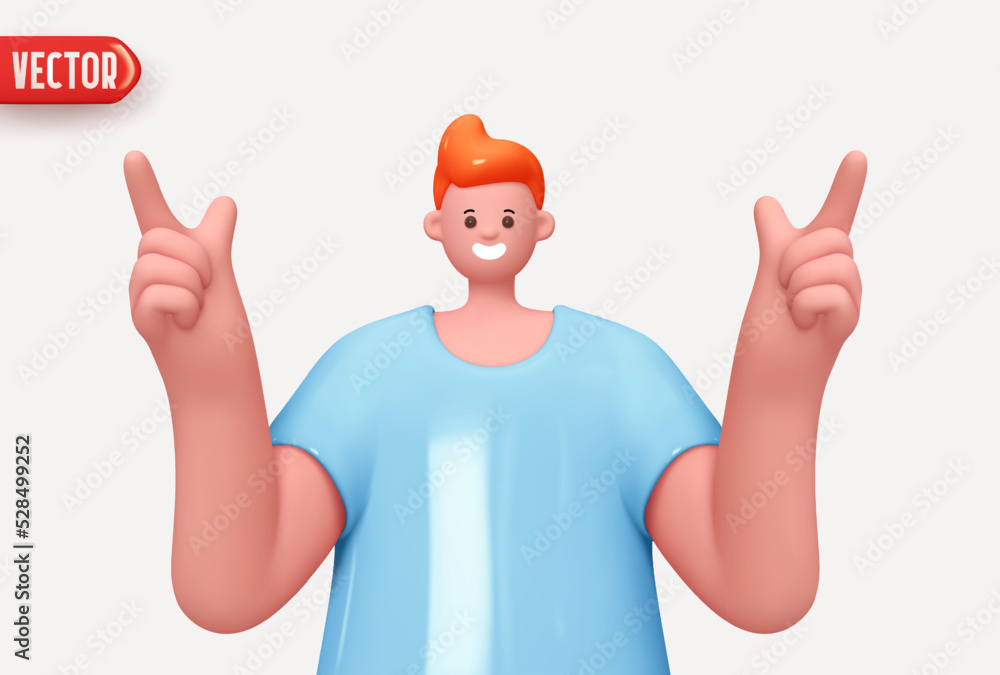 Happy cheerful young man raised two hands and shows finger up gesture ...