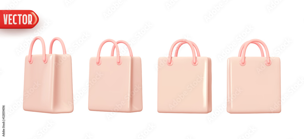 Set of shopping bags. Collection of paper pink shopping bags. Realistic ...