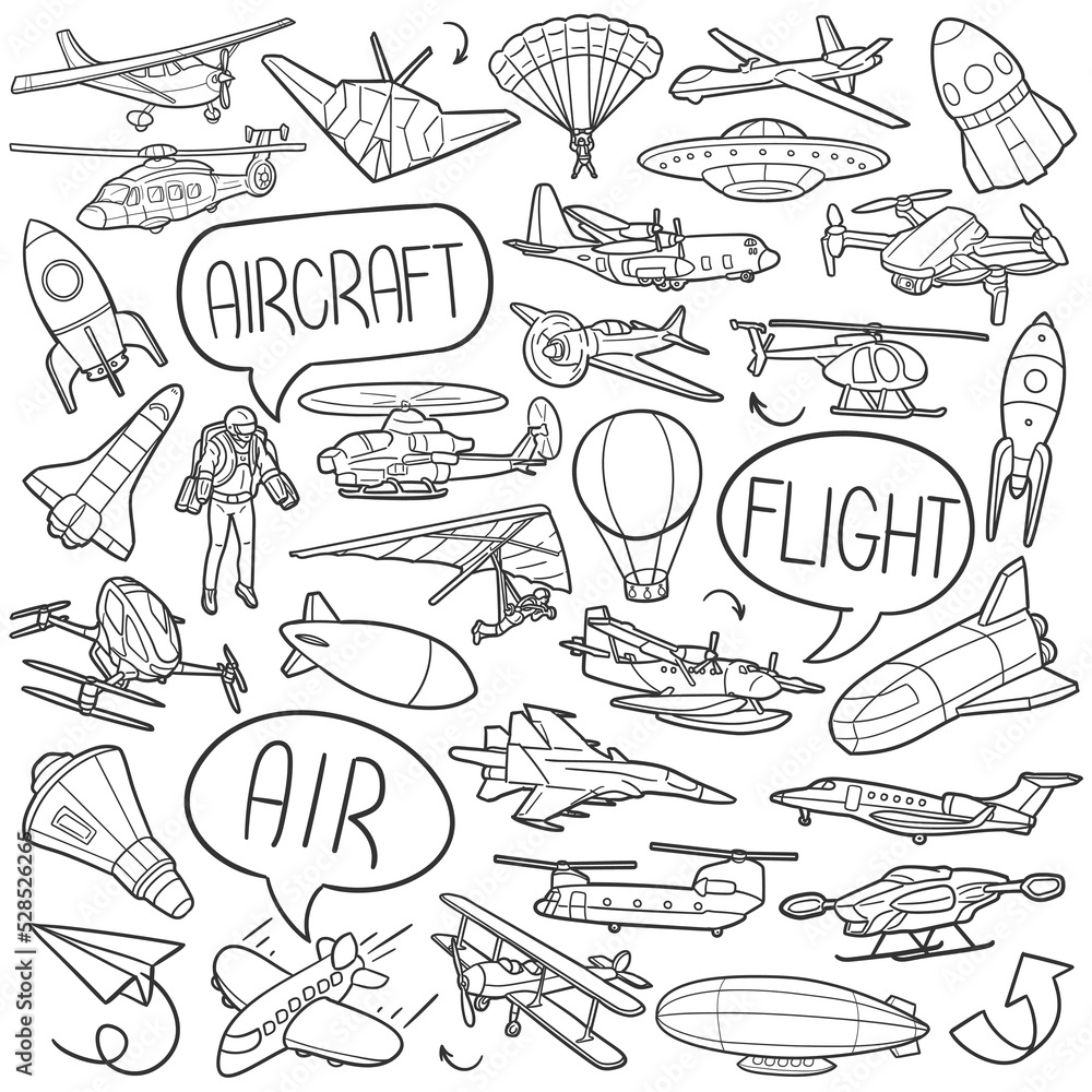 Air Vehicles Doodle Icons. Hand Made Line Art. Aircraft Clipart ...