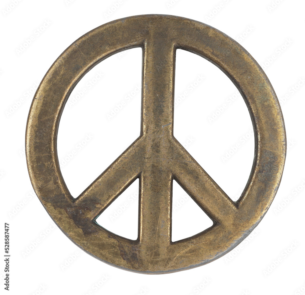 Metal peace symbol isolated on white background. Vintage old medallion ...