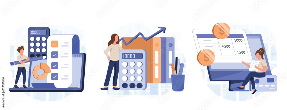 Budget bookkeeping illustration set. People doing paperwork. Characters ...