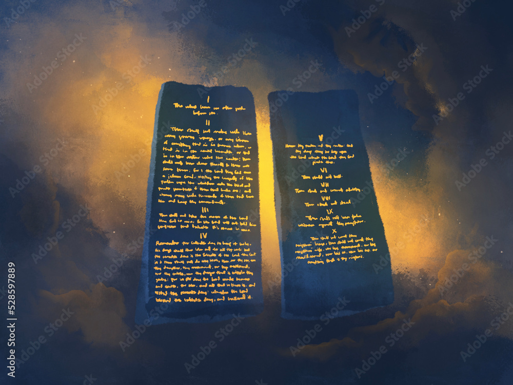 Ten Commandments glowing on blue stone tablets, Decalogue Law Exodus 20 sapphire religious ...