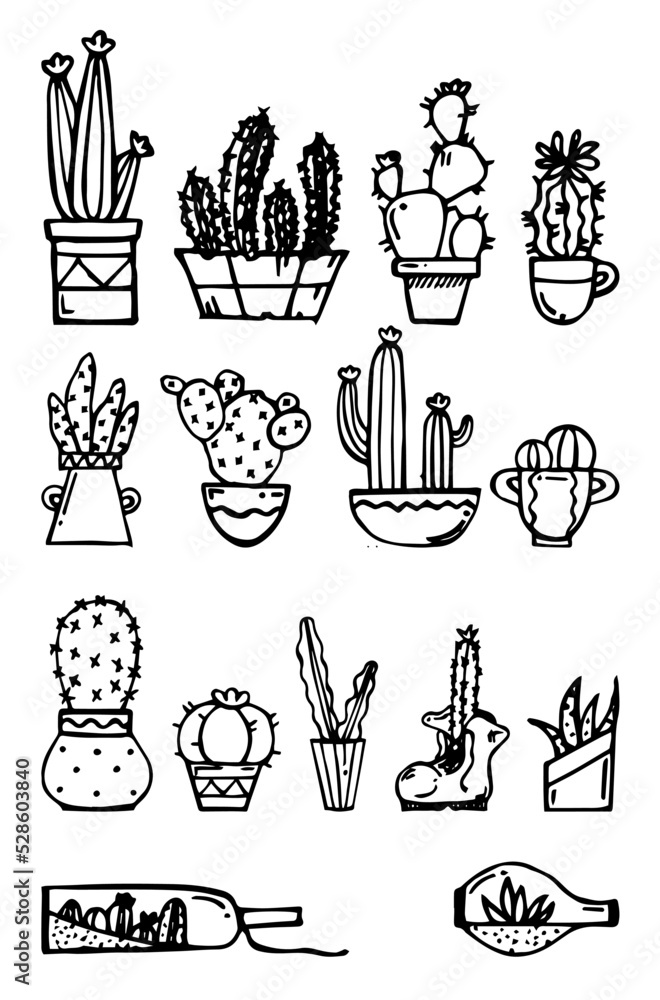 Cacti indoor plants in pots. Set of objects. Exotic home thorns ...