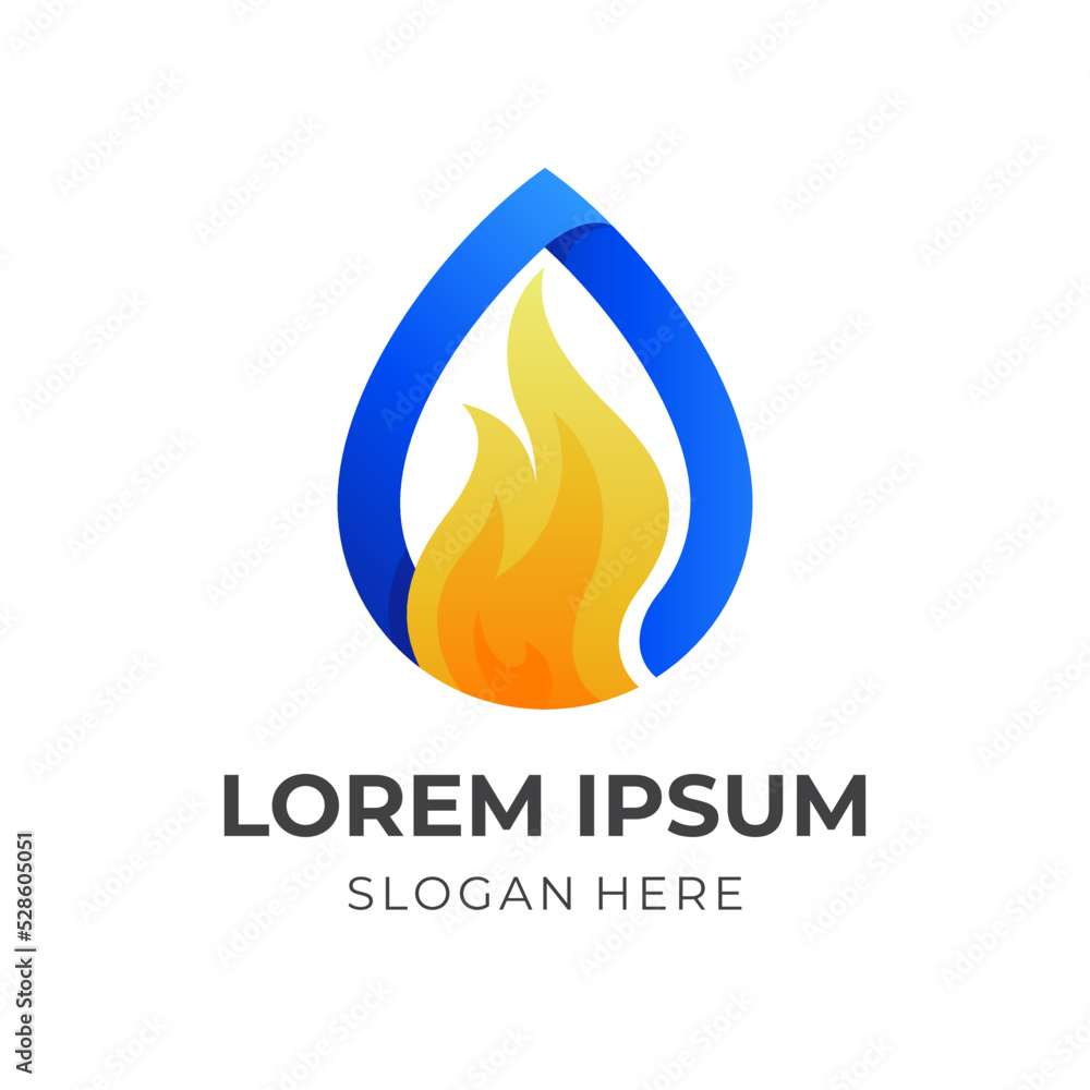 water fire logo concept, water and fire combination logo with 3d blue ...