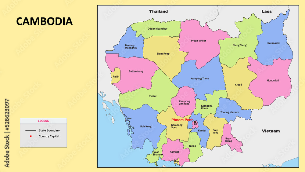 Cambodia Map. State and district map of Cambodia. Political map of Cambodia with country capital ...