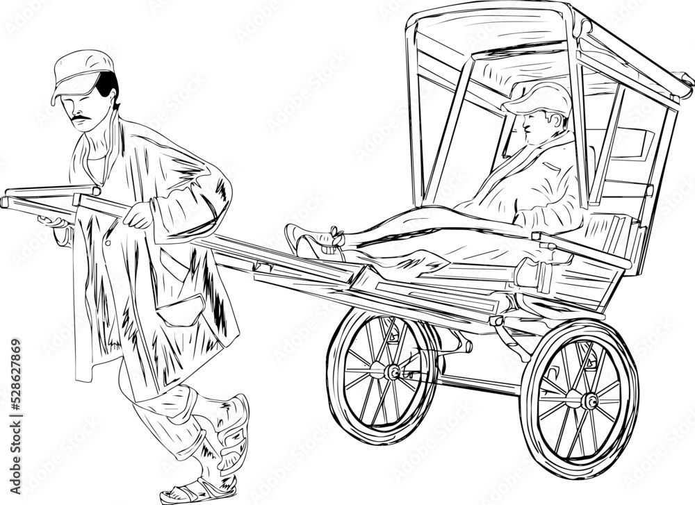 Стоковий вектор Hand Rickshaw vector, Outline sketch drawing of Man ...