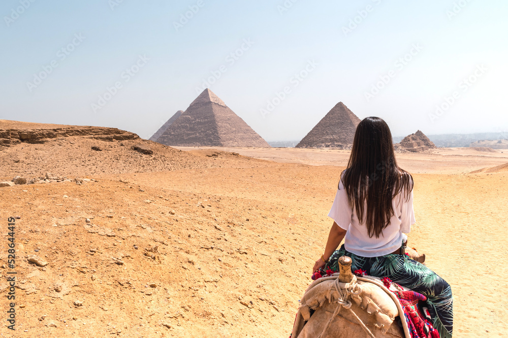 Woman with long dark hair mounted on a dromedary on her back looking at ...