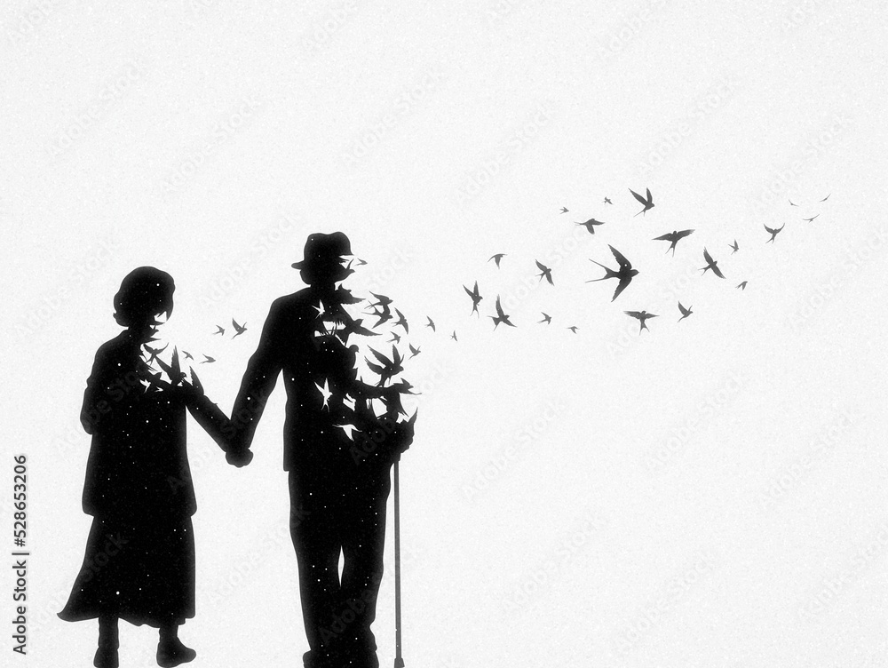 Elderly couple silhouette. Death and afterlife. Flying swallows flock ...