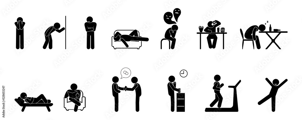 depression symptoms, anxiety disorder treatment illustration, stick ...