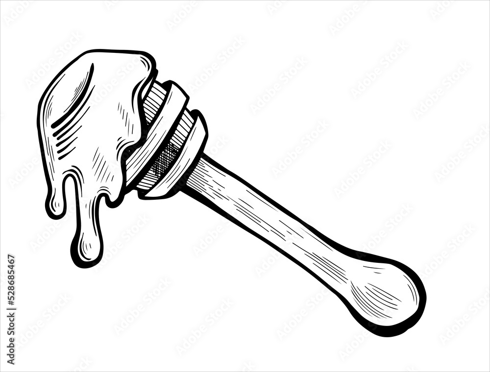 Vector sketch illustration of honey spoon, wooden dipper vector drawing ...