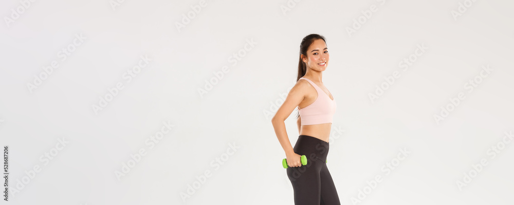 Sport, gym and healthy body concept. Full length of sweaty smiling ...