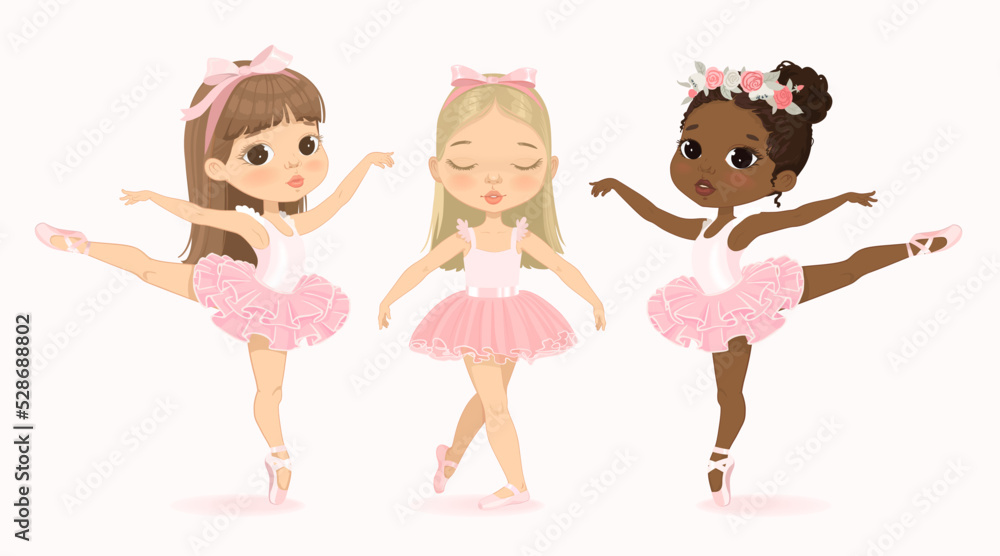 Vector de Stock Cute Ballerina Girl Dancing. Three Multicultural ...