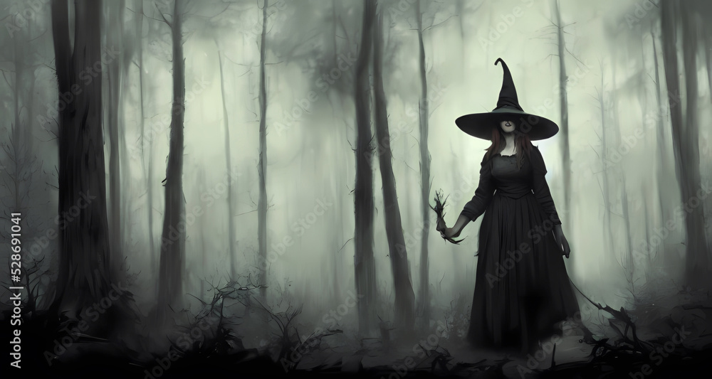 Abstract witch in a scary dark forest, halloween concept. Digital art ...