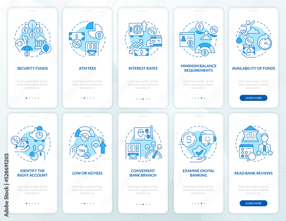 Choosing credit union and bank blue onboarding mobile app screen set ...