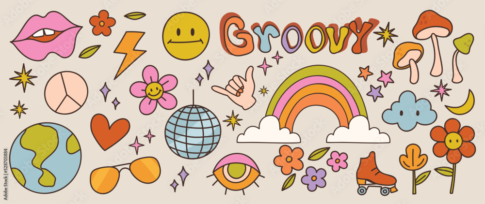 Set of 70s groovy element vector. Collection of doodle smile face ...