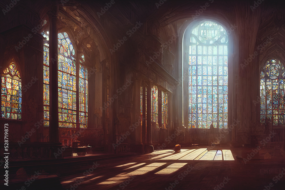 Palace interior with high stained-glass windows made of multi-colored ...