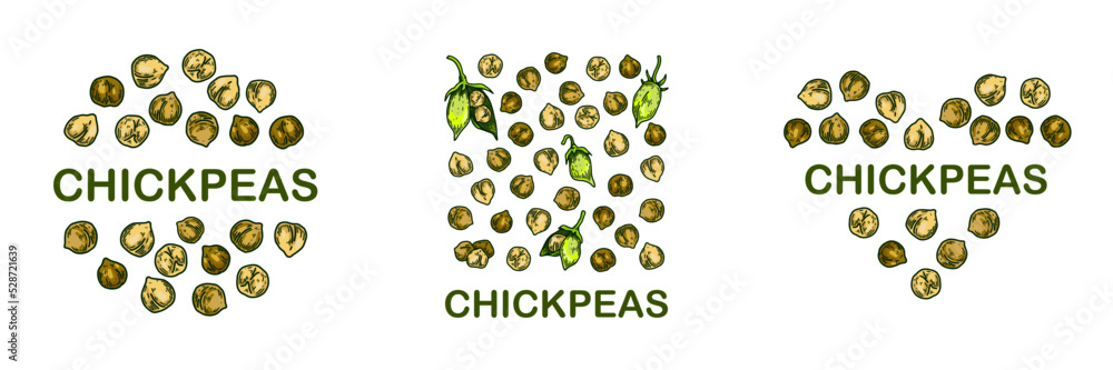 Set of colorful chickpeas designs. Hand drawn illustration in colored ...