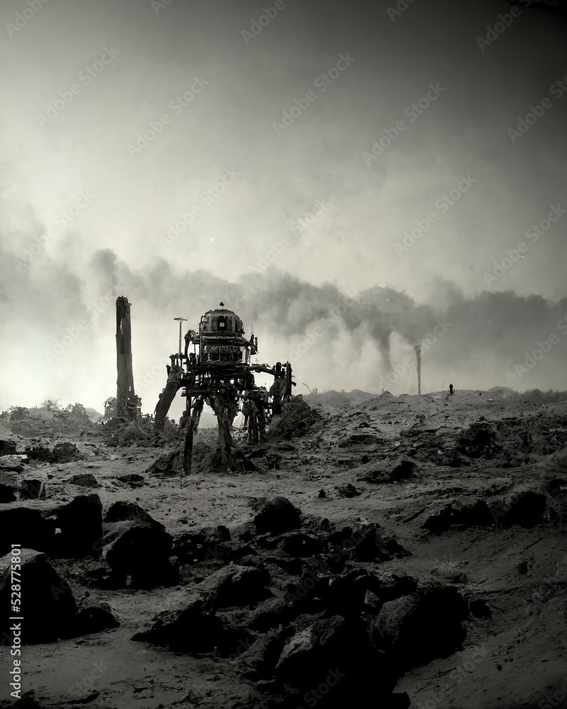 Dieselpunk Big Robot in Post Apocalyptic Wasteland Landscape Art Illustration. Retro Futurism ...