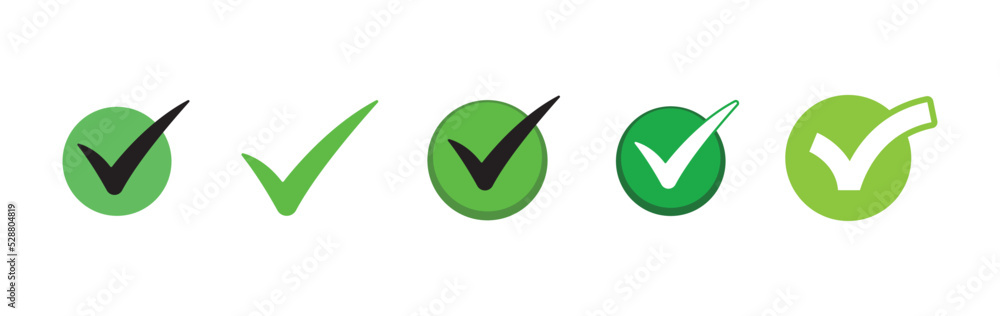 Check mark icons. Green checklist tick symbol. Approved and positive ...