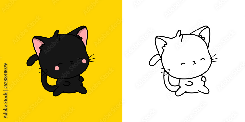 Set Clipart Cat Multicolored and Black and White. Kawaii Clip Art ...
