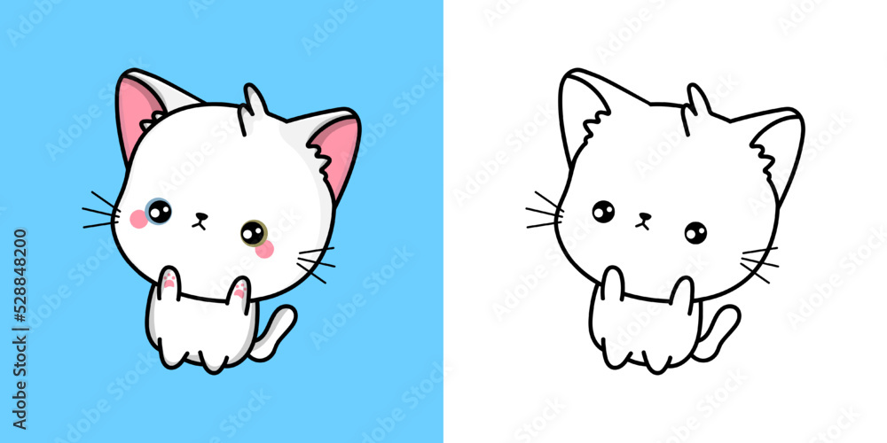 Kawaii Clipart Cat Illustration and For Coloring Page. Funny Kawaii ...