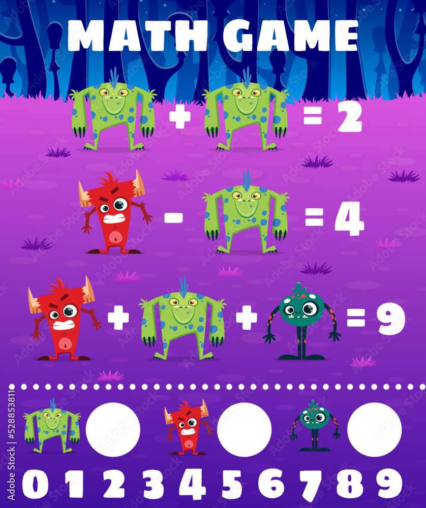 Cartoon monster characters. Math game worksheet. Kids education puzzle ...