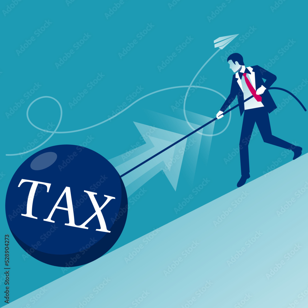 Businessman pushes up a large sphere. Taxes interfere with the ...