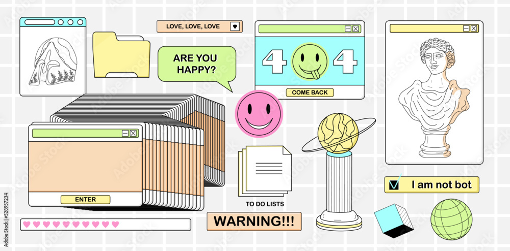 Retro browser computer window vector illustration of UI and UX. Funny ...