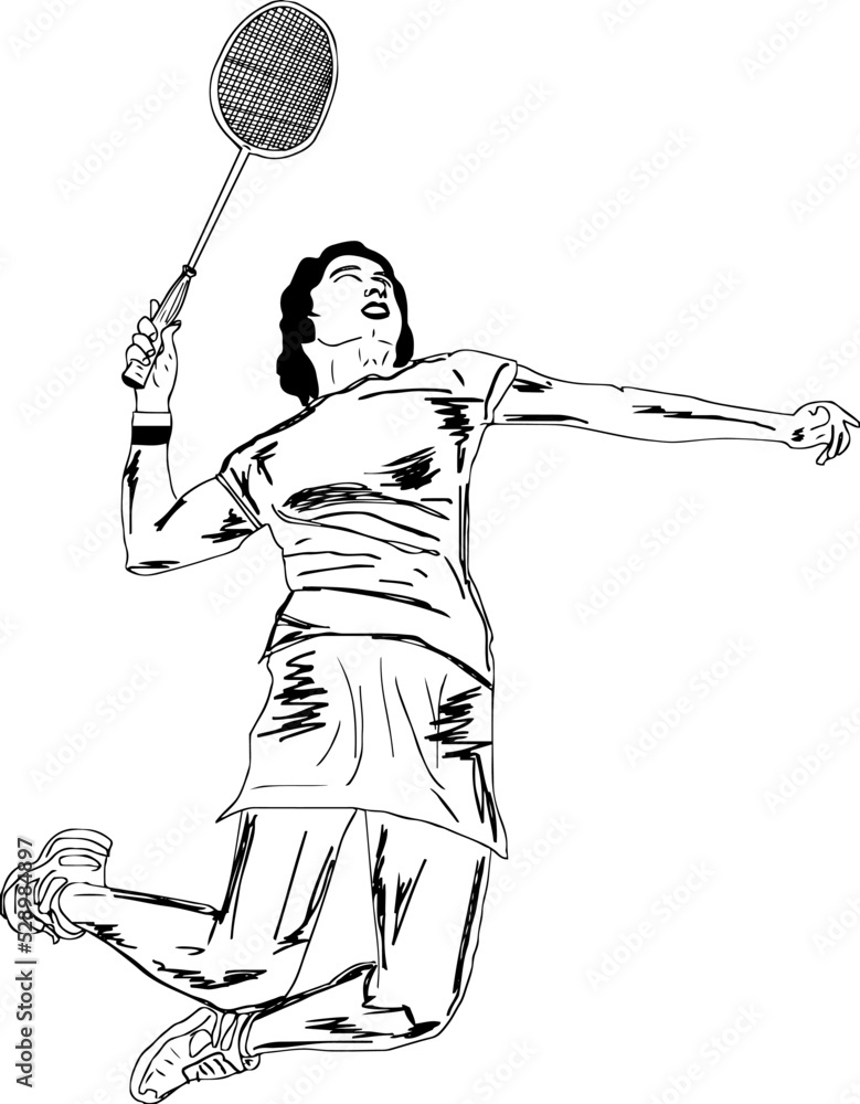 Badminton player vector, Woman badminton player outline sketch drawing ...