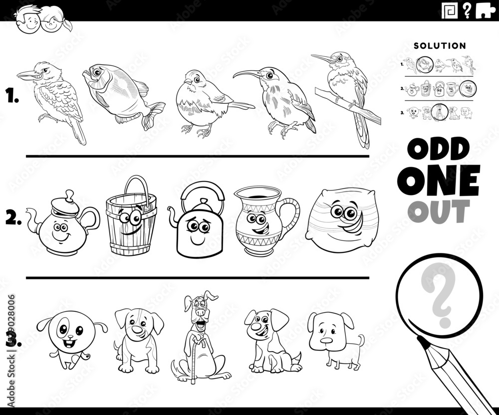 odd one out puzzle with cartoon characters coloring page Stock Vector ...