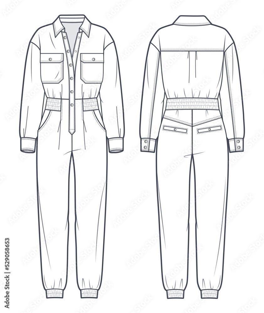 Vetor Unisex Dungaree technical fashion Illustration. Ovesize Jumpsuit ...