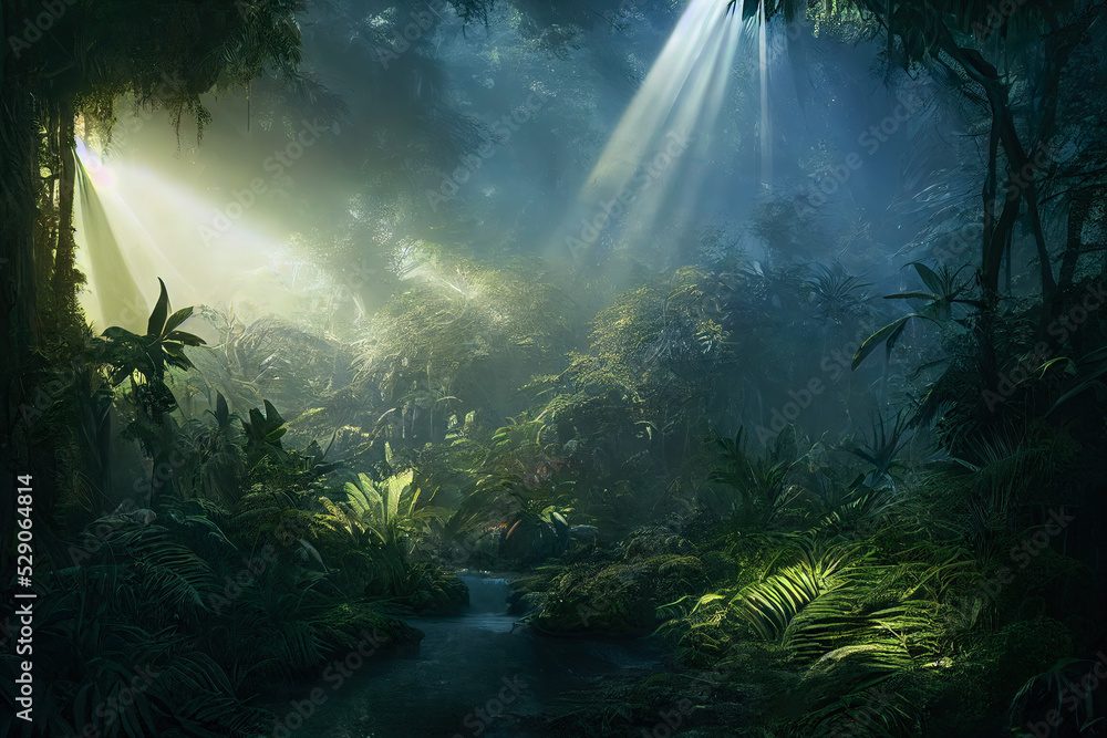Dark rainforest, sun rays through the trees, rich jungle greenery ...