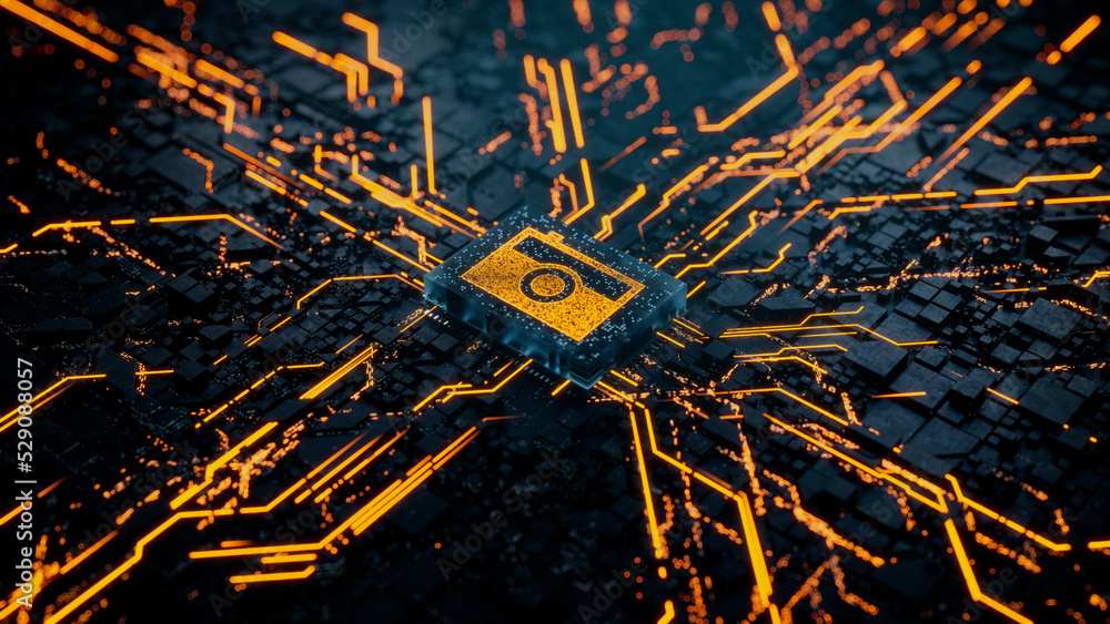 Photo Technology Concept with camera symbol on a Microchip. Data flows ...