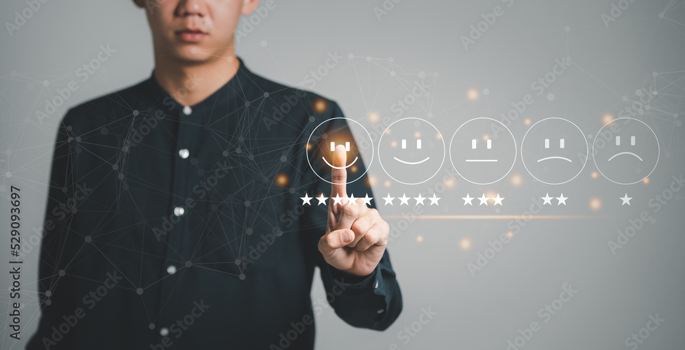 Customer service evaluation concept. Businessman pressing smiley face ...