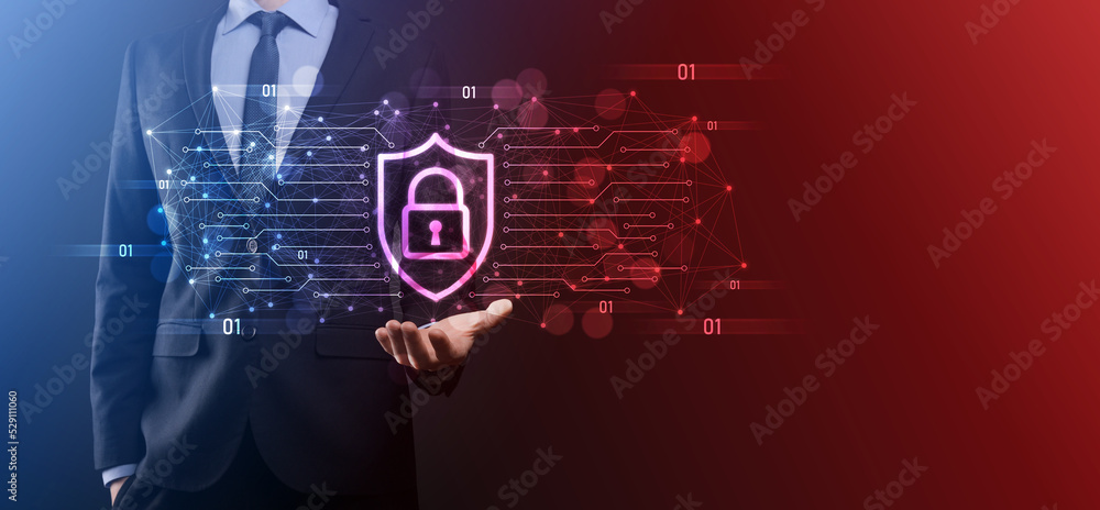 Protection network security computer and safe your data concept, Businessman holding shield ...