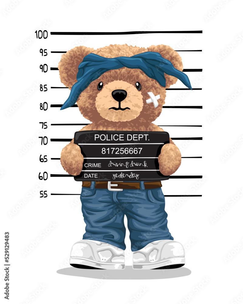 Hand drawn teddy bear cartoon in gangster style arrested posing for ...