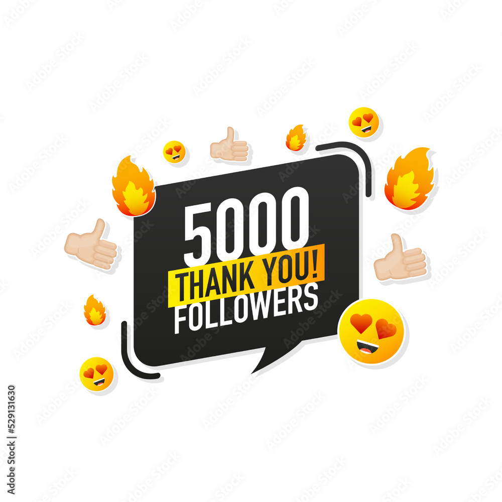 Thank you 5000 followers on yellow background. White background. Vector design. Flat design ...