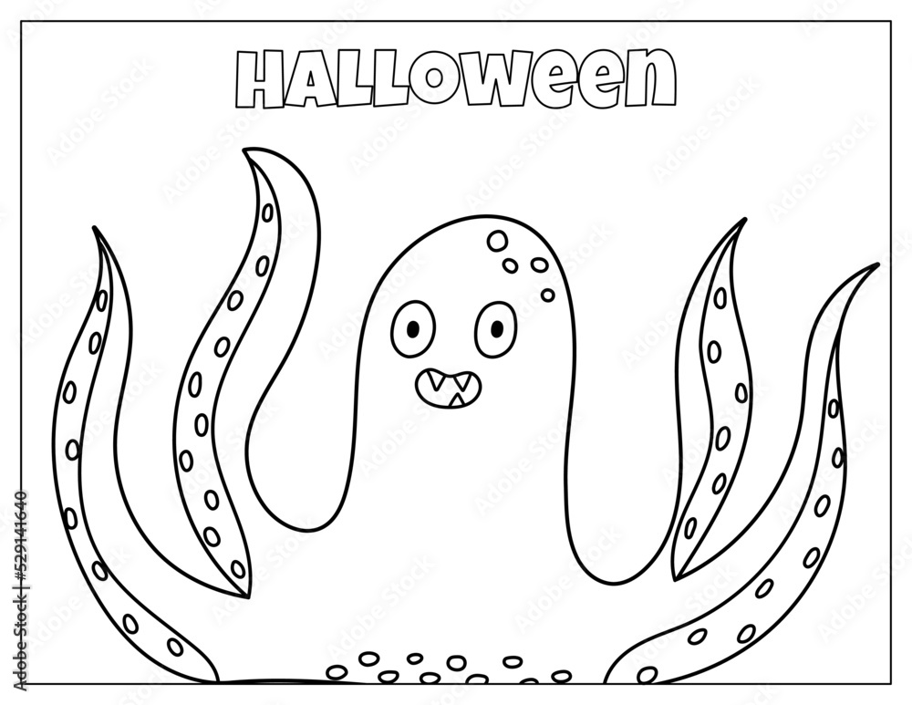 Halloween coloring page with creepy monster octopus. Spooky print in ...