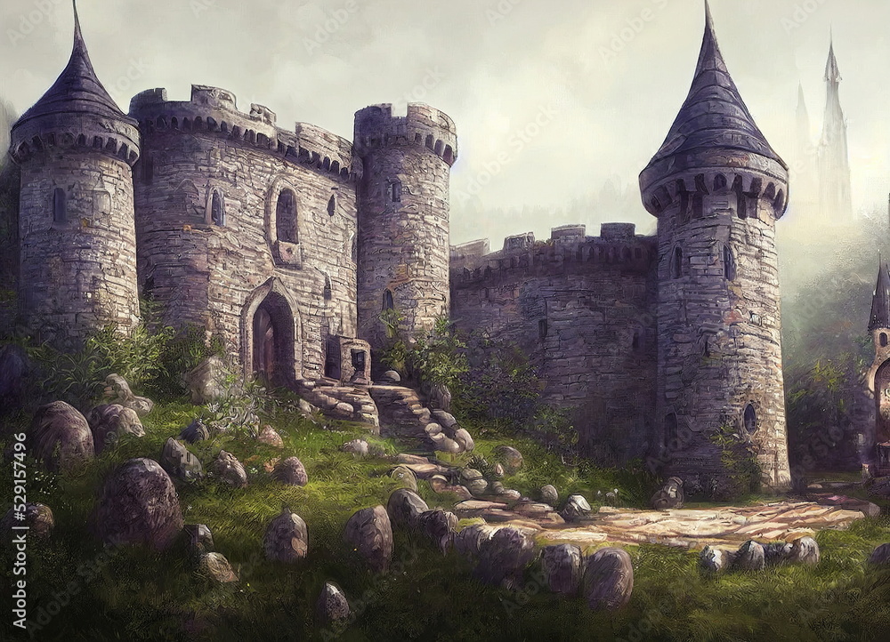 Old white castle in the mountains, green hills, blue sky, Fantasy ...