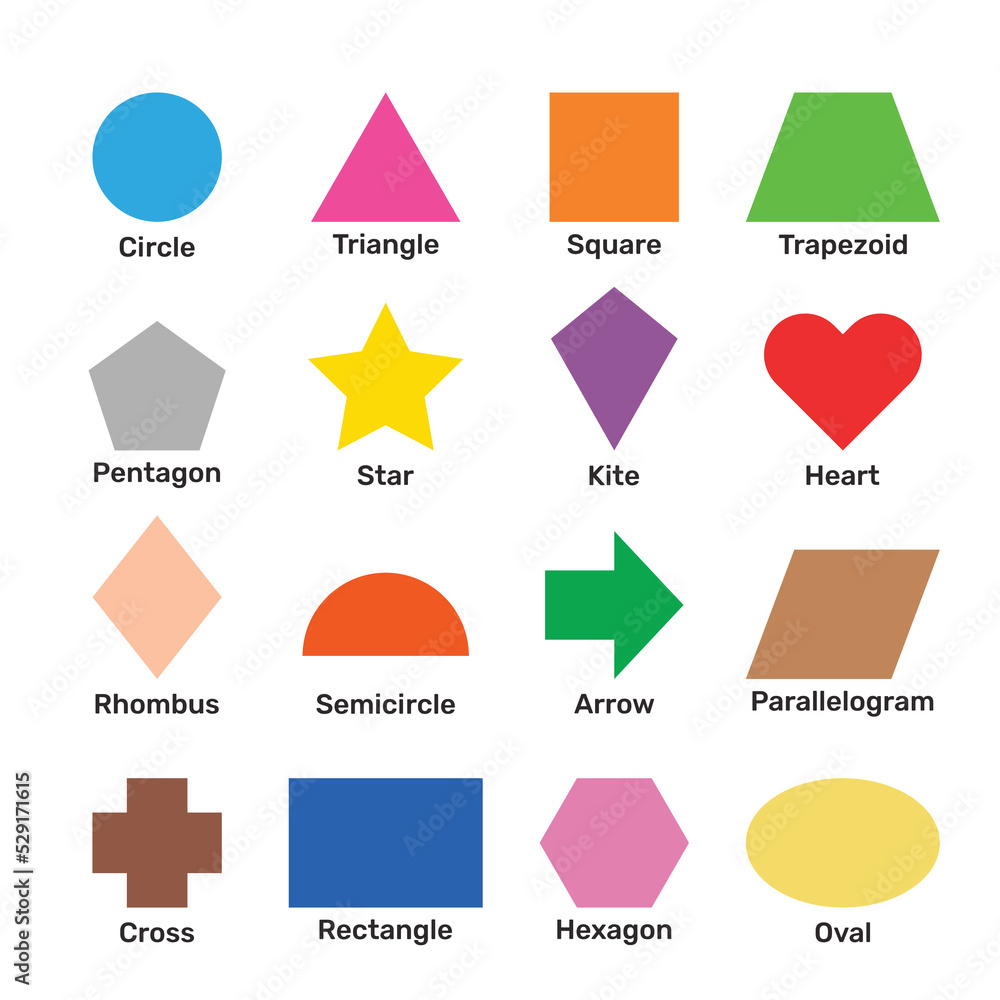Стоковий вектор Learn basic 2D shapes with their vocabulary names in English. Colorful shape ...