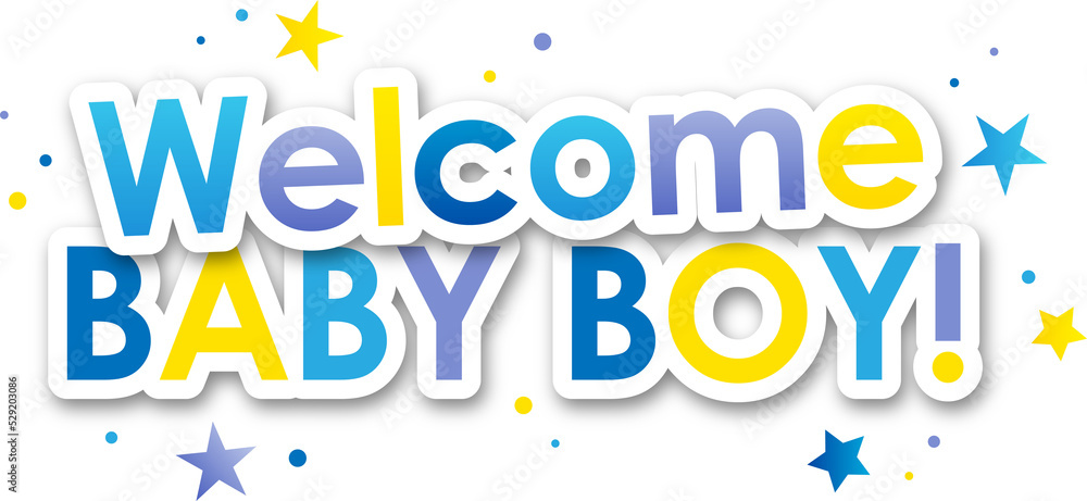 Colorful WELCOME BABY BOY! typography banner with star motifs on ...