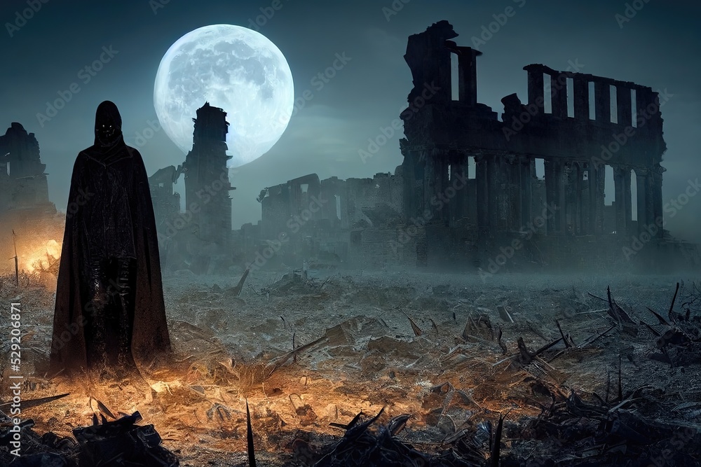 Raster illustration of warrior in a dark cloak in the shadows on the ...