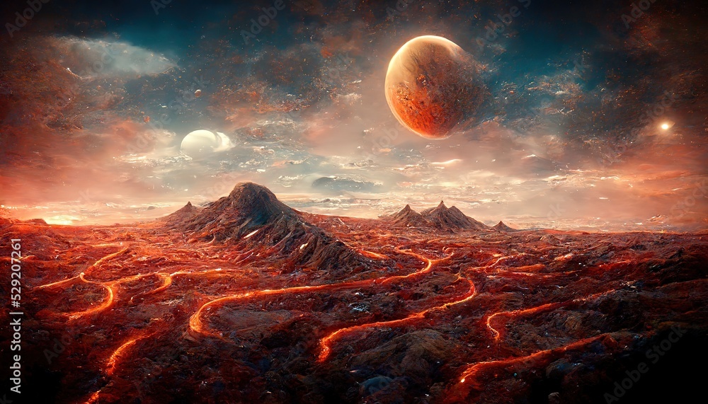 Raster illustration of uninhabited sandy desert with magma flowing ...