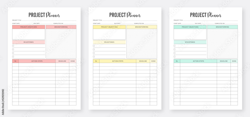 Project planner template design. 3 Set of minimalist Project Planners ...
