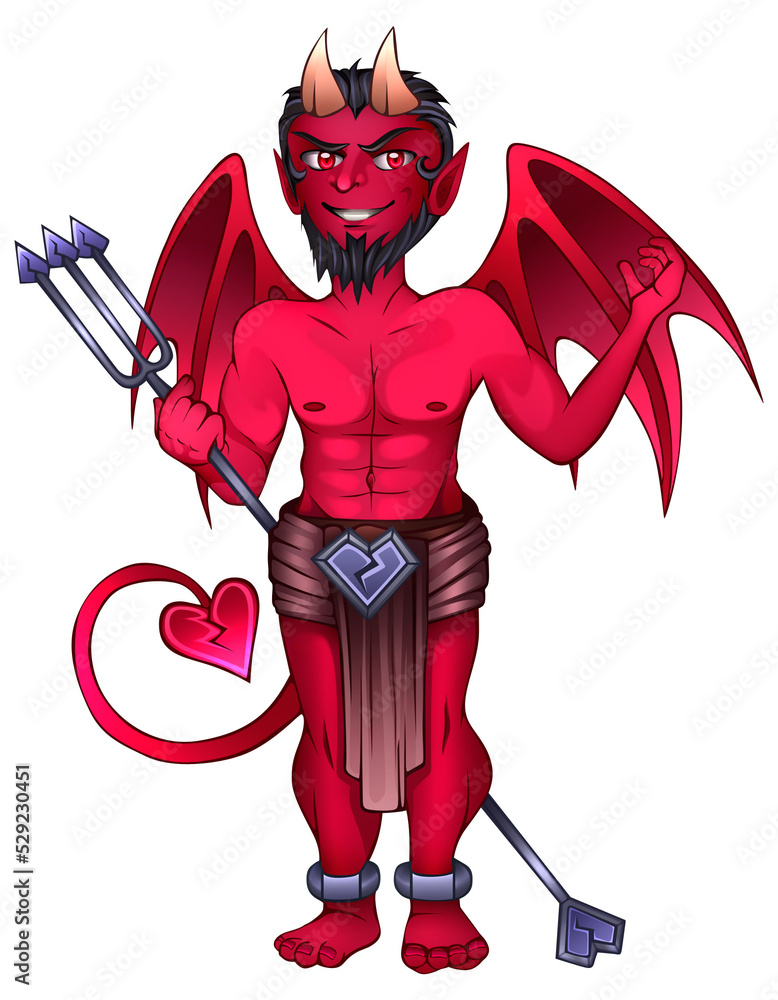 Bearded red demon with a broken heart-shaped tail and a trident cartoon character. Funny devil ...