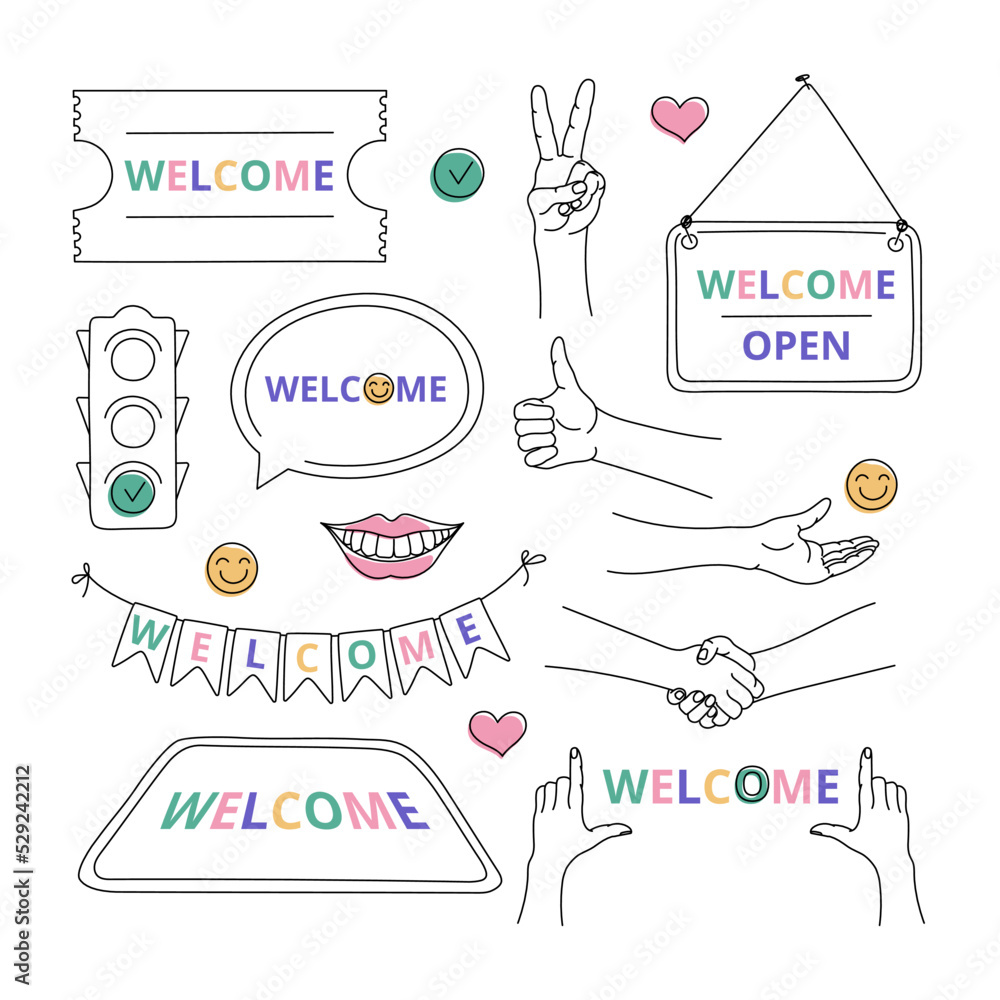 Welcome icon set hands, welcome flags, heart, handshake, smile, smiley ...
