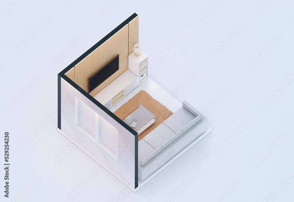 Isometric view of a living room orthographic floor plan realistic 3d ...