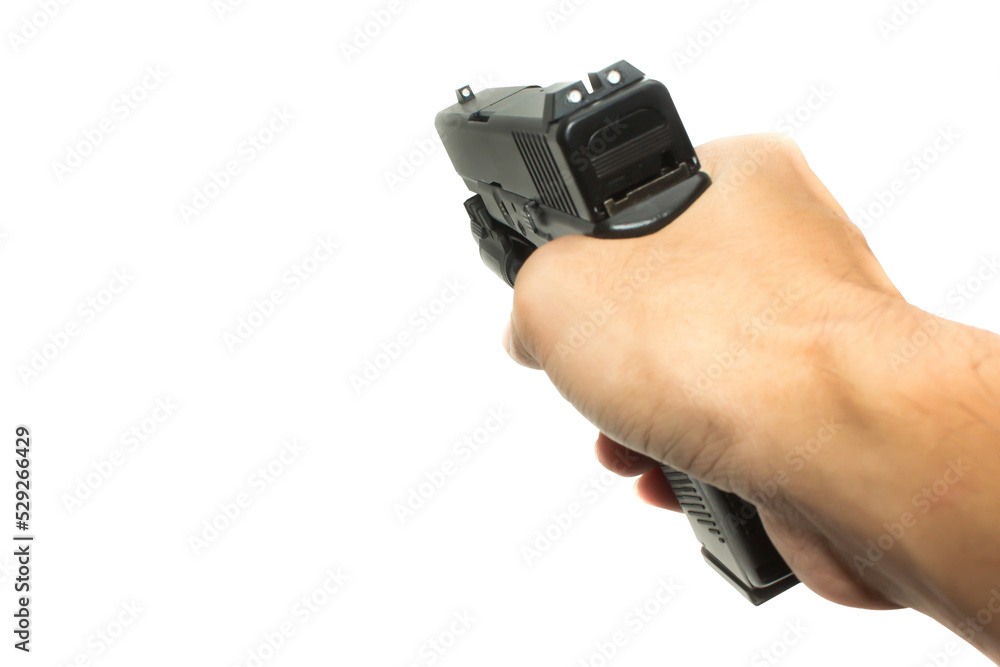 male hand holding gun aiming in subjective point of view POV transparent on background in fire ...